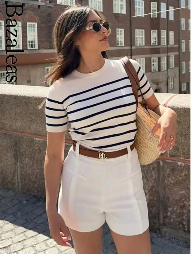 2024 Bazaleas Store Traf Women S Office Stripe Knitting Sweaters Short