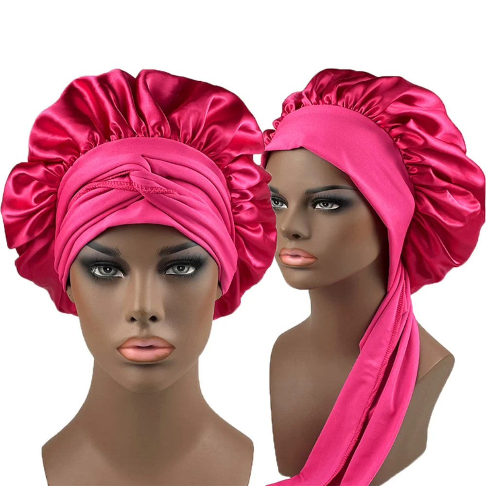 Satin Tie Bonnet Spandex Wide Stretchy Band Long Tail Women's Hat Satin ...