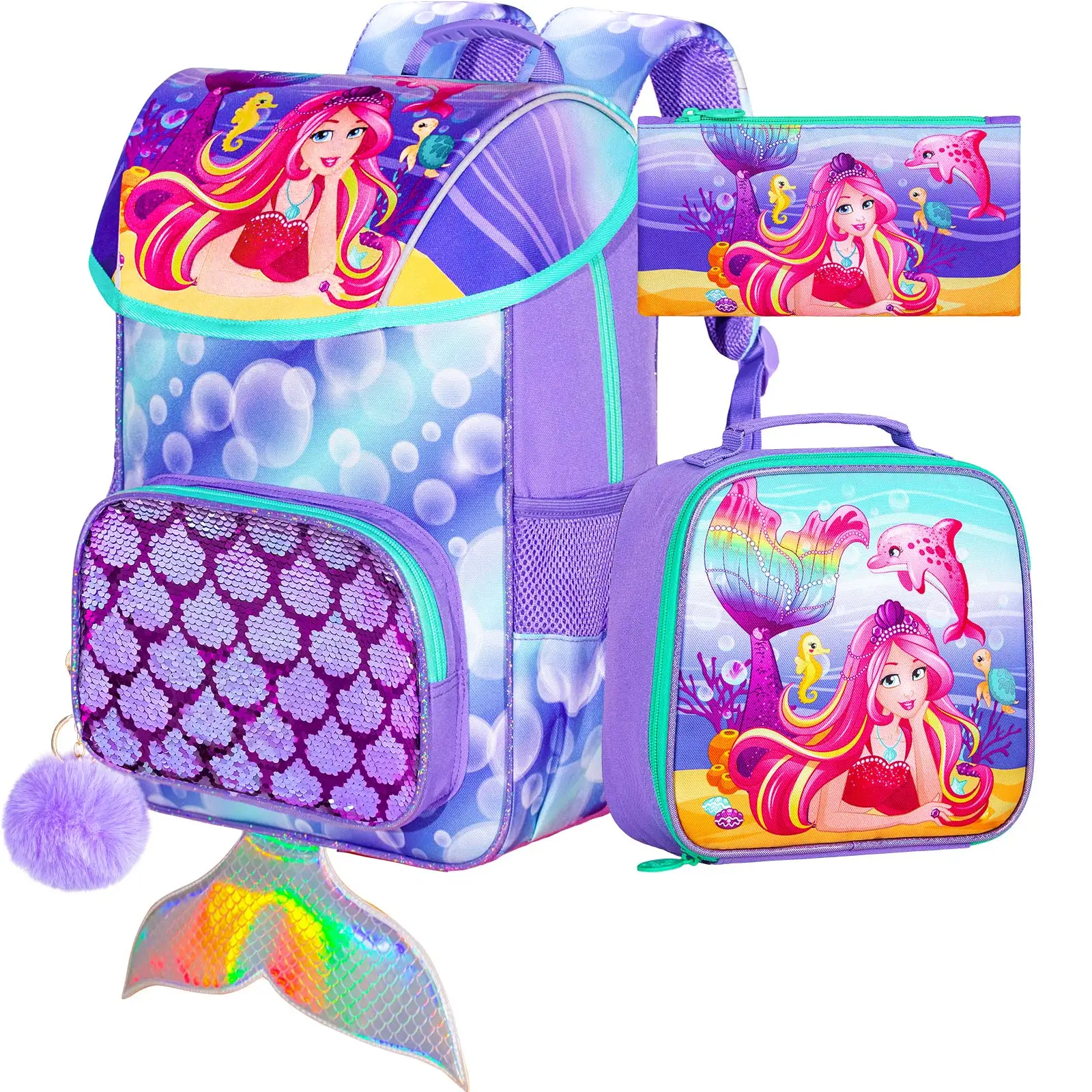 3Pcs-Mermaid-Backpack-15-Girls-Sequin-Bookbag-for-Elementary-Preschool ...