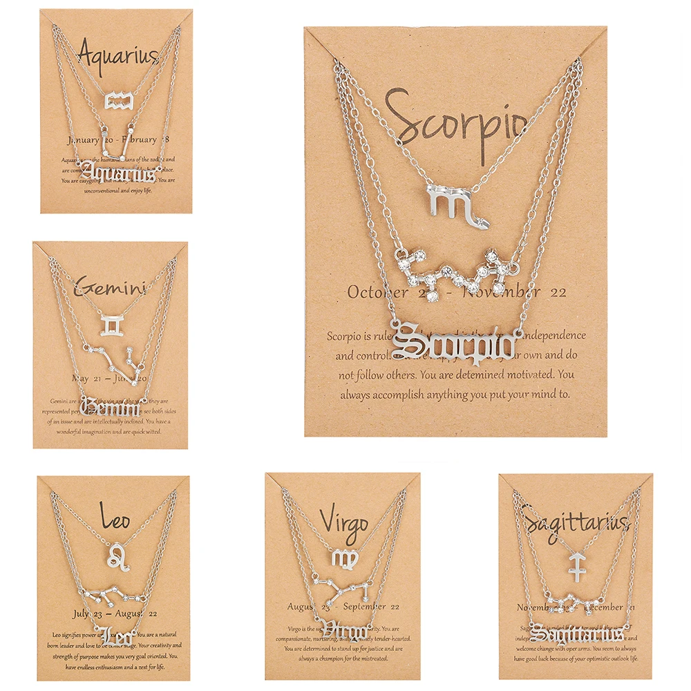 3Pcs/Set Personality Zodiac Necklace 12 Constellation Pendant Silver ...