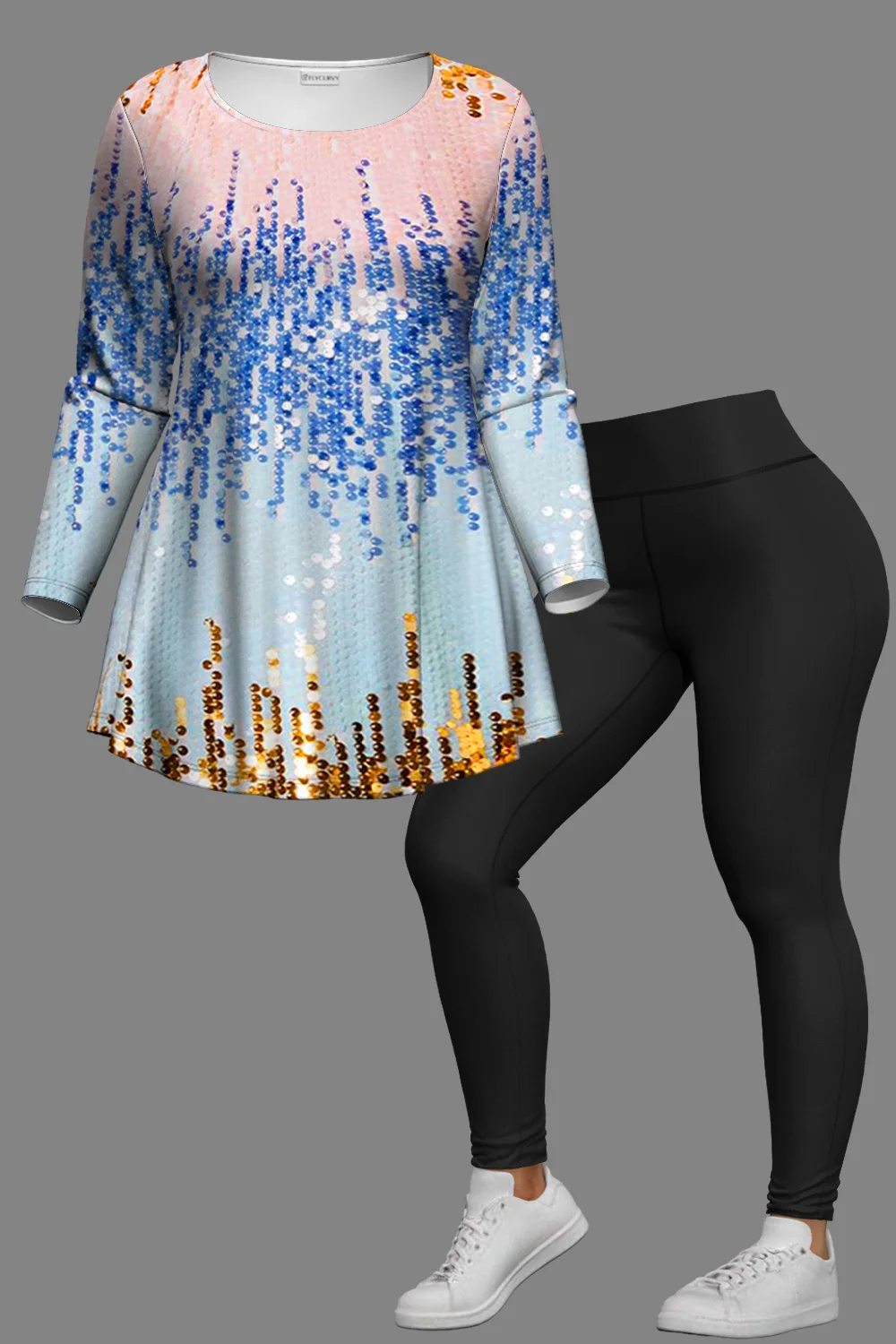 Plus-Size-Sequin-Pattern-Two-piece-Set-Crew-Neck-Long-Sleeve-Top-and ...
