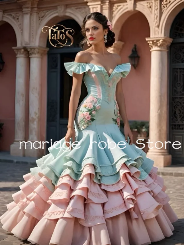 Pink Blue Mermaid Long Evening Dresses Off Shoulder Ruffles Corset ...