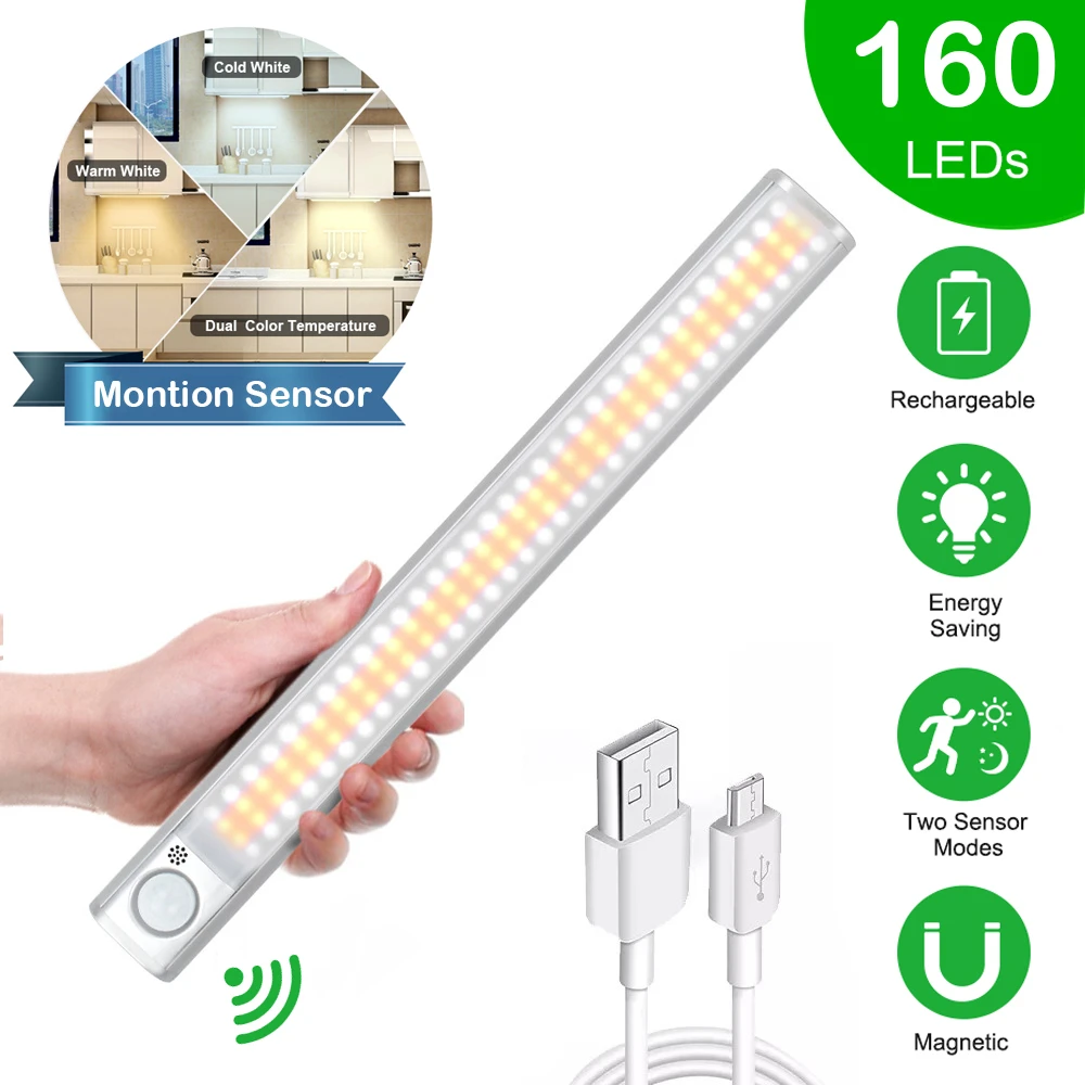 160 LED Closet Light With Motion Sensor USB Rechargeable Under Cabinet ...