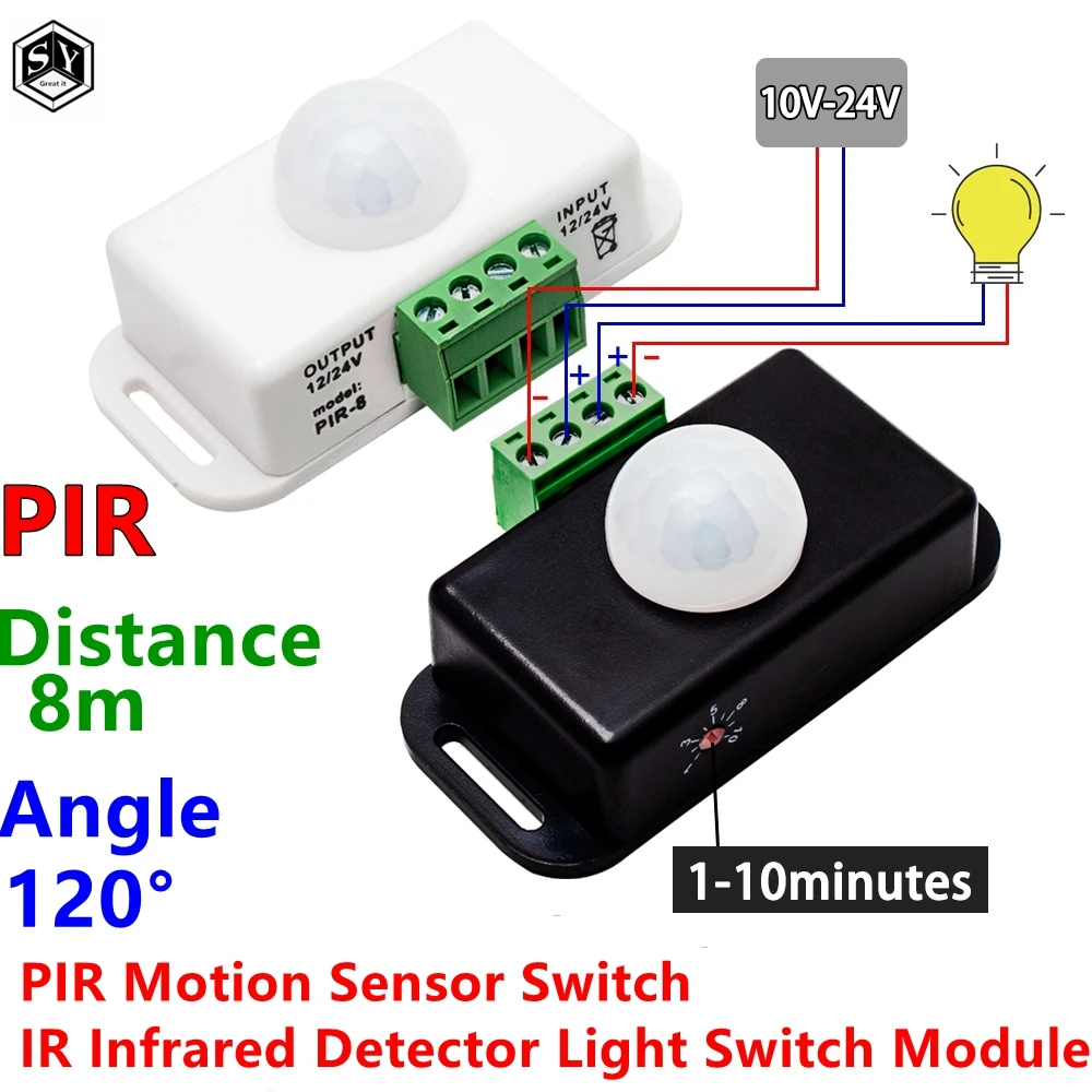 1PCS DC 12V 24V 8A Automatic Adjust PIR Motion Sensor Switch IR Infrared Detector Light Switch ...
