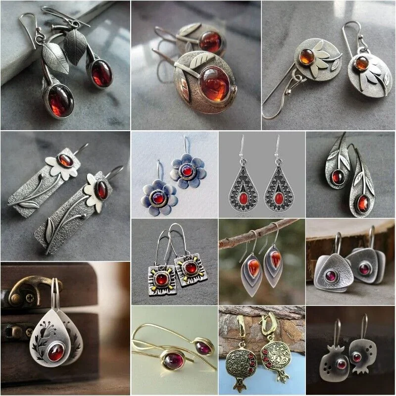 Vintage-Red-Stone-Dangle-Earrings-for-Women-Tribal-Cross-Design-Oval ...