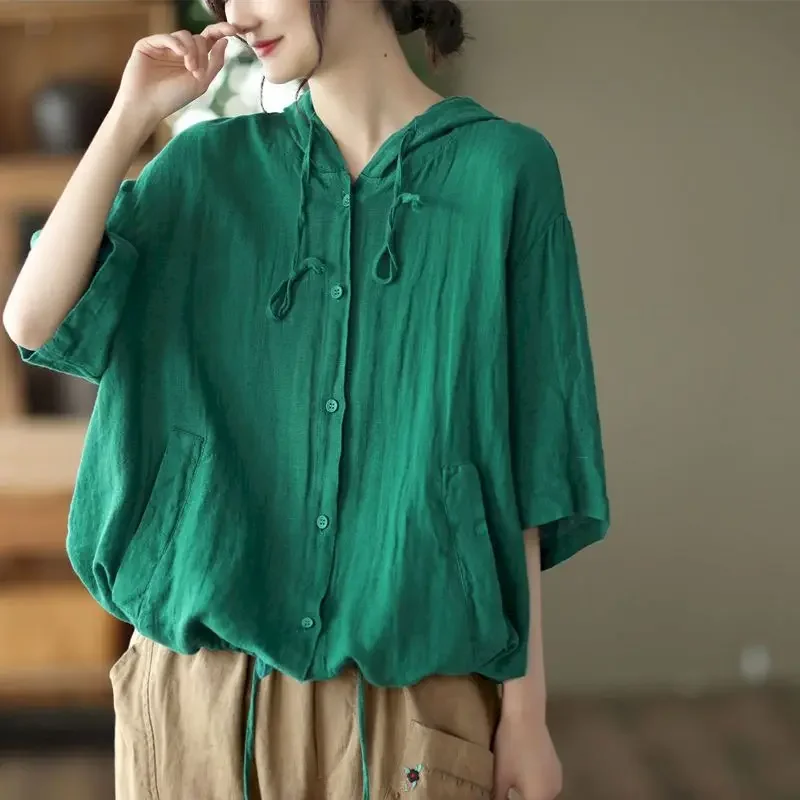 Hooded Blouse Women Vintage Sandwashed Linen Drawstring Short Sleeve ...