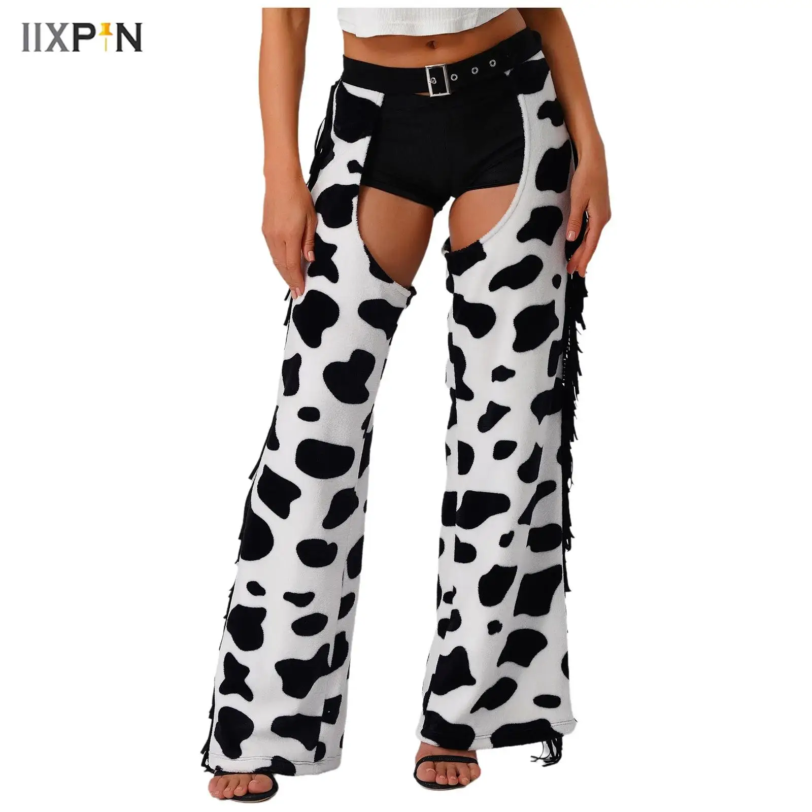 Womens Cowgirl Chaps Cow Pattern Flannel Long Pants Side Tassel ...