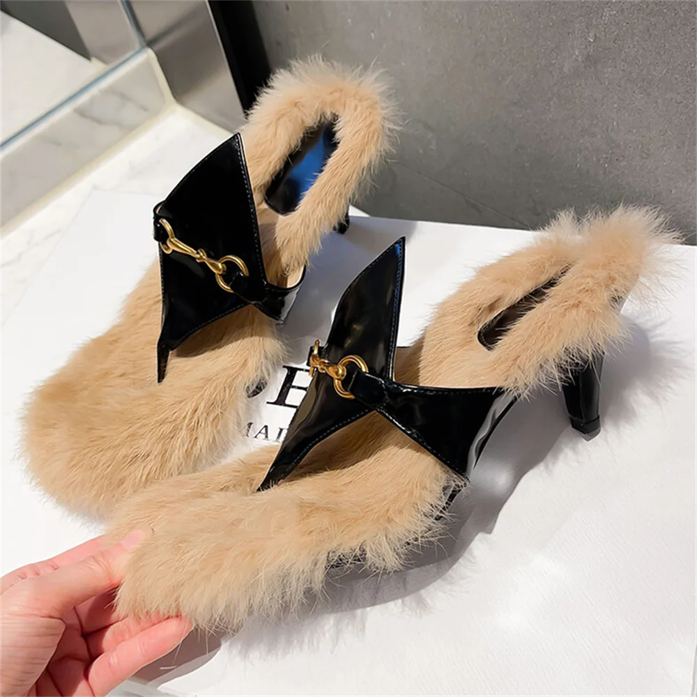 Fashion Fur Flip Flops For Women Fairy Sandals Large Size Metal Buckle ...