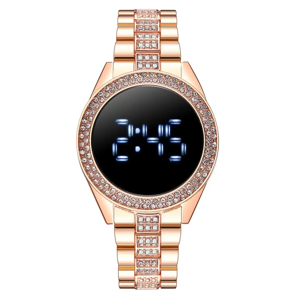 Led digital relógios para mulher luxo ouro rosa aço inoxidável diamante ...