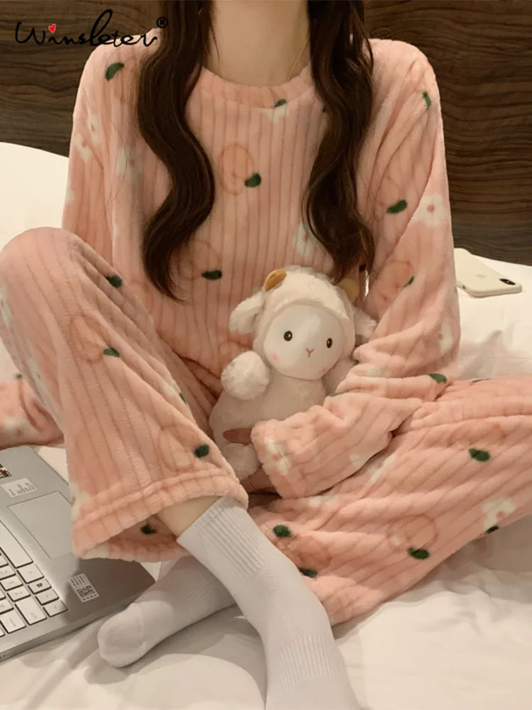 Women Winter Flannel Pajama Set Fleece Pyjamas Sleepwear Homewear Strip ...