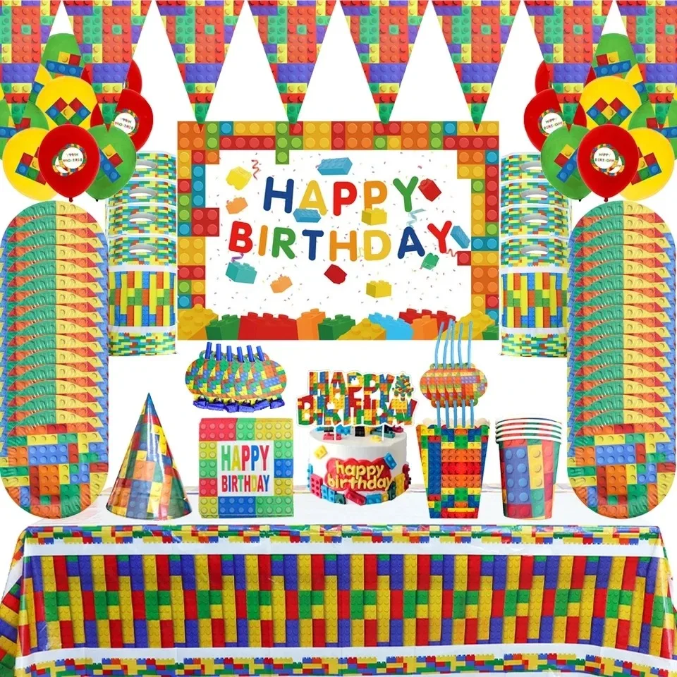 Colorful-Building-Block-Party-Supplies-Disposable-Tableware-Cup-Cake ...