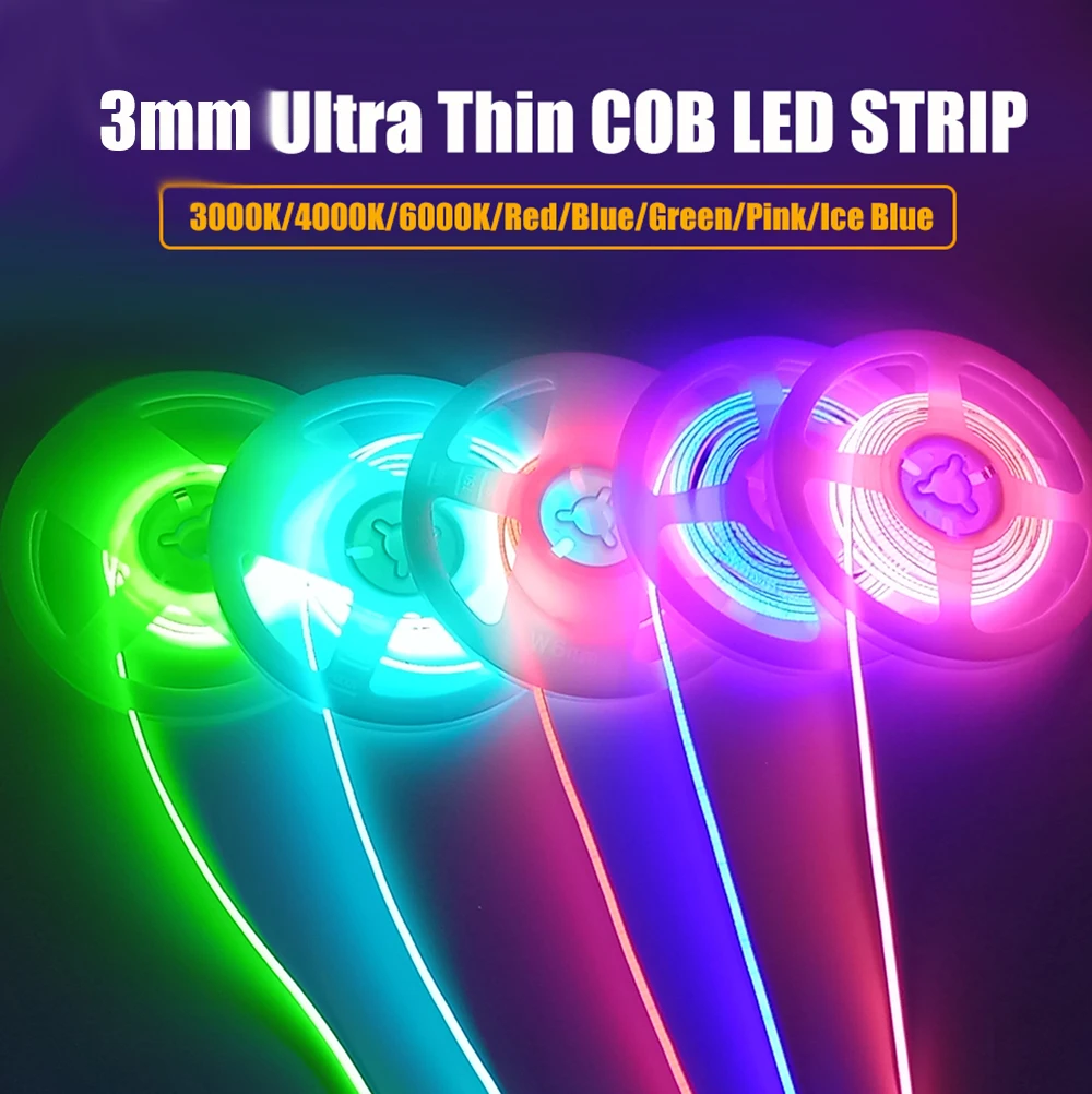 3mm 5mm Ultra Thin COB LED Strip DC12V Flexible RA 90 High Bright Led ...
