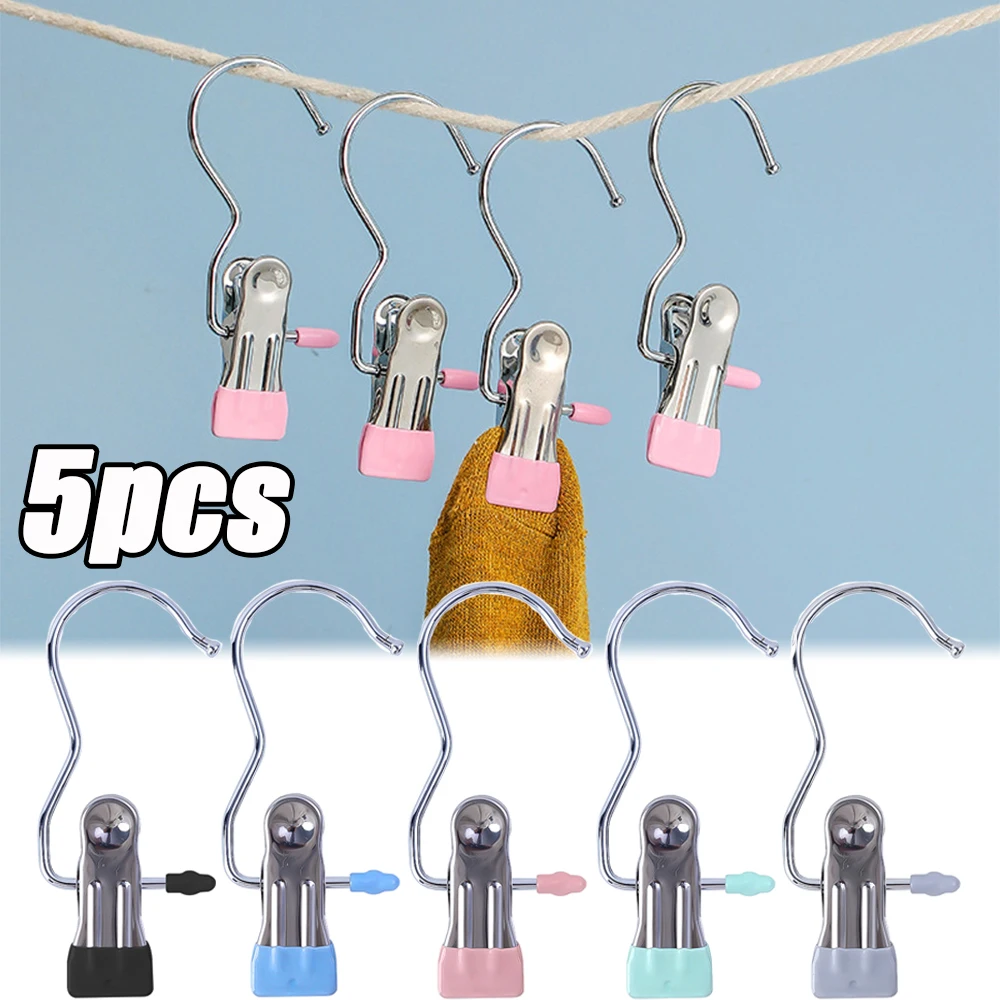 5pcs-Stainless-Steel-Clothes-Drying-Clips-with-Hook-Antislip-Windproof ...