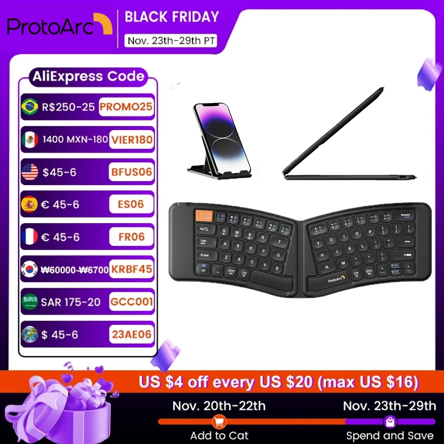 ProtoArc-XK03-Foldable-Keyboard-Rechargeable-Ergonomic-Split-Folding ...