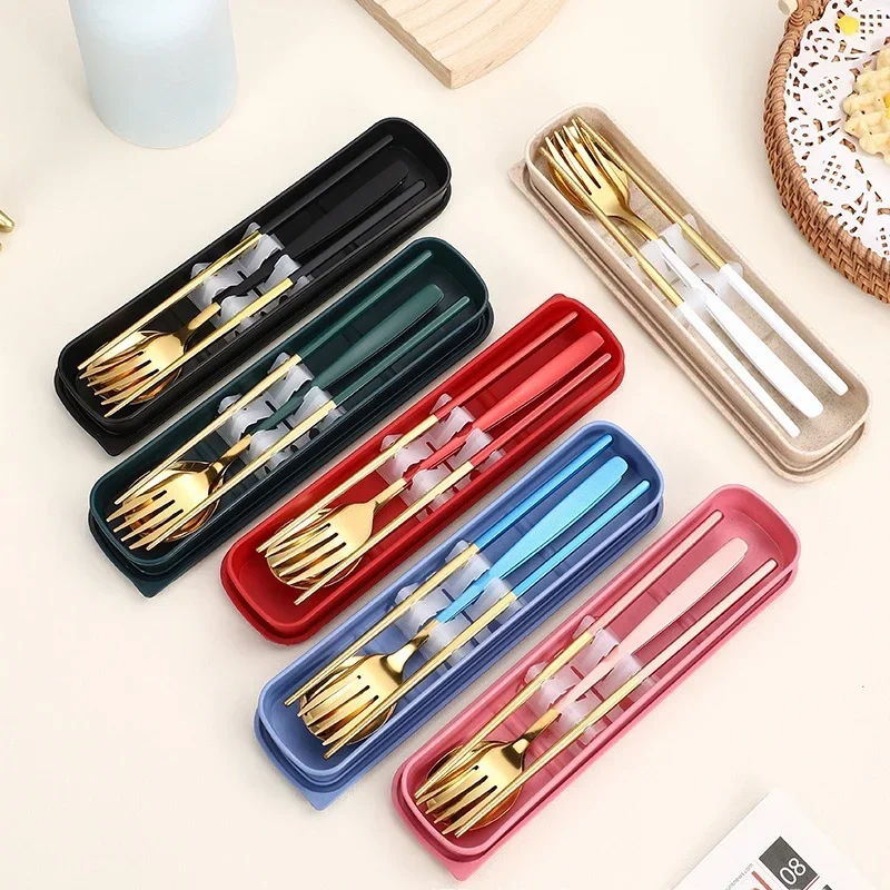 3pcs/set Cutlery With Box Holder Dinnerware Spoon Fork Chopsticks Set ...