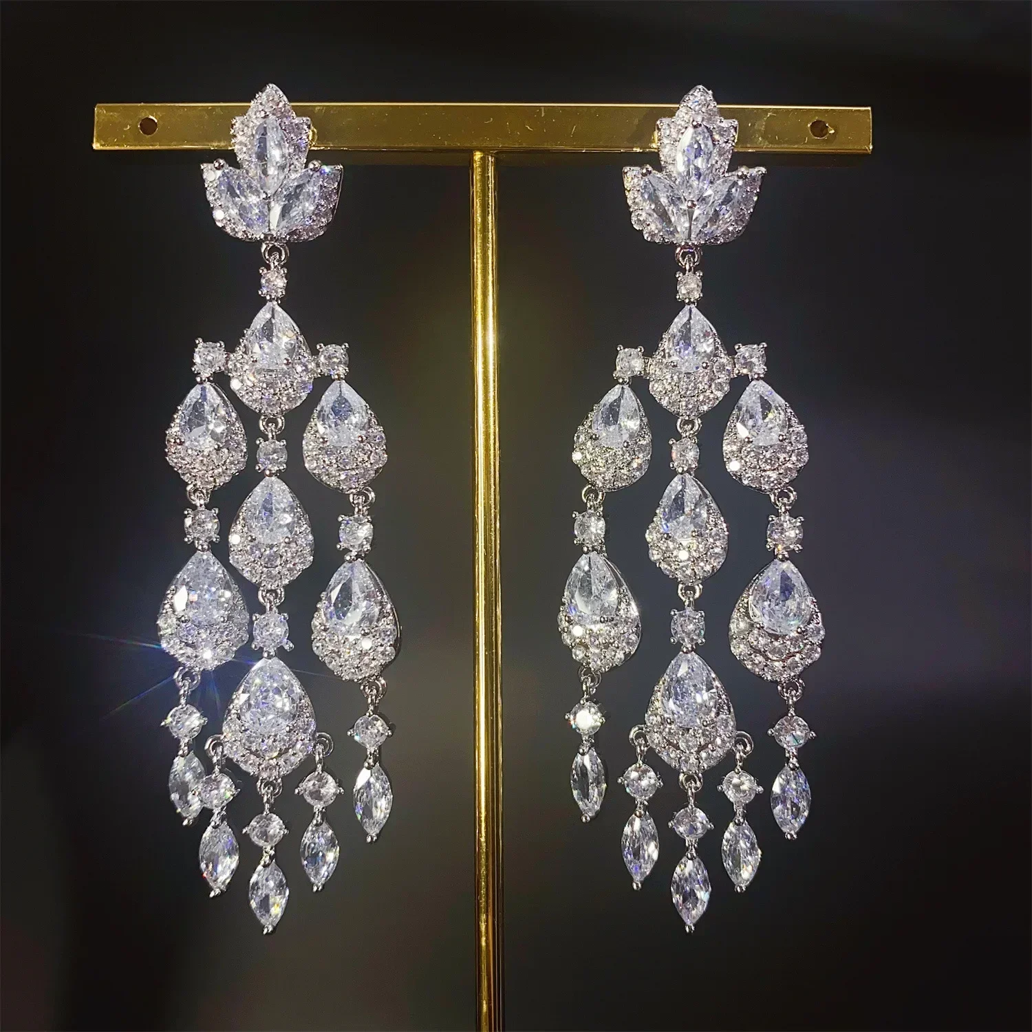 Cubic Zirconia Inlaid Long Water Drop Tassel Earrings Fashion Court ...