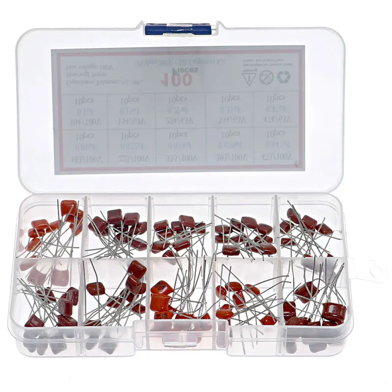 100pcs 10 Values CBB Polyester Film Capacitors Assortment Kit Box 10nF ...