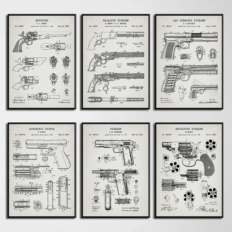 Vintage-Gun-Patent-Posters-Prints-Revolver-Firearm-Pistol-Canvas ...