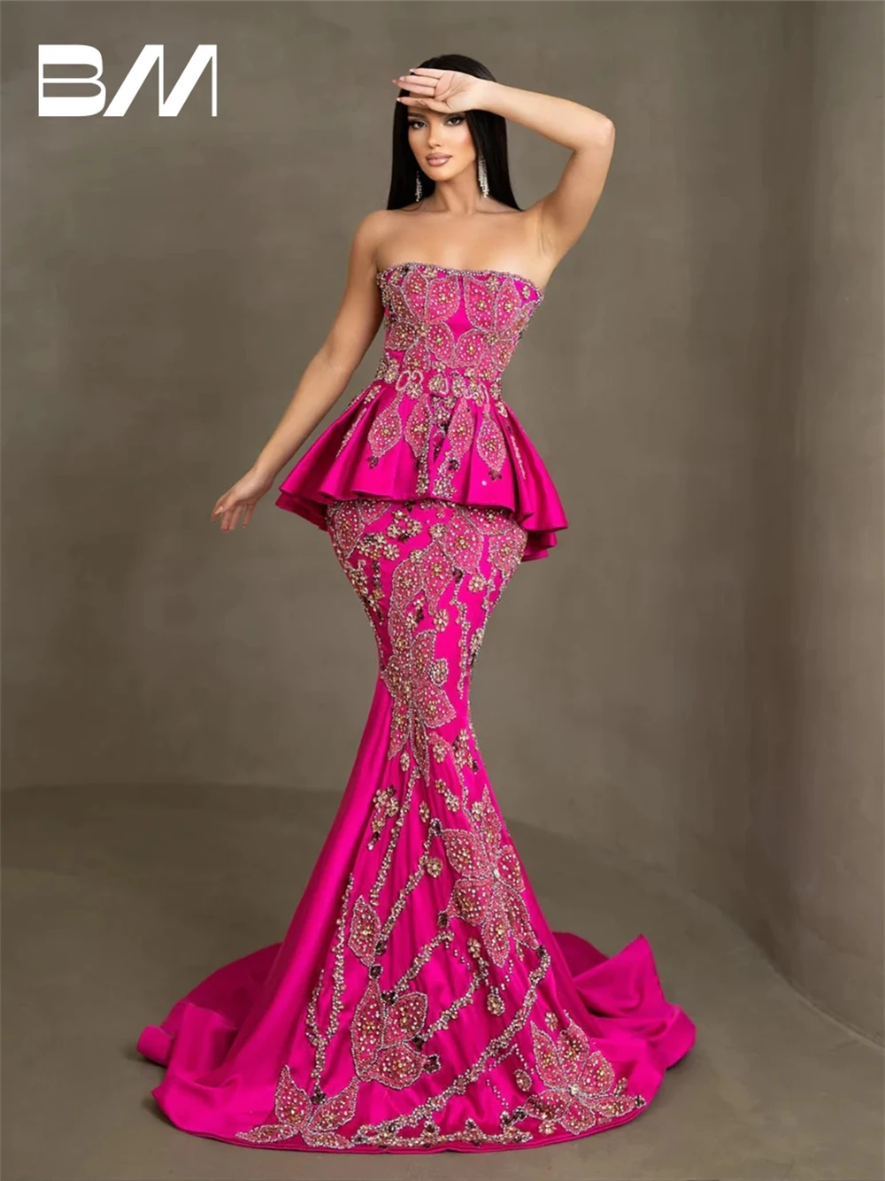 Hot-Pink-Jeweled-Prom-Dresses-Strapless-Court-Train-Sleeveless-Evening ...