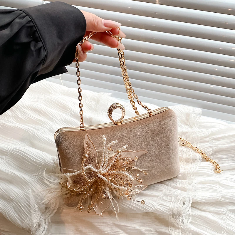 Women's Champagne Velvet Clutch Bag Pearl Sequin Decor Gold Chain Strap ...