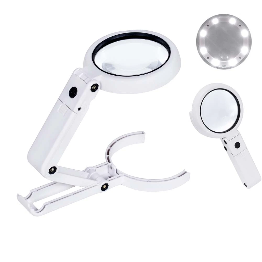 USB Rechargeable Foldable 5X 11X Magnifier 8 LED lights Desk Stand ...