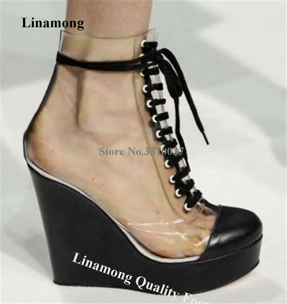 Linamong-Transparent-PVC-Patchwork-Black-Matte-Leather-Wedge-Short ...