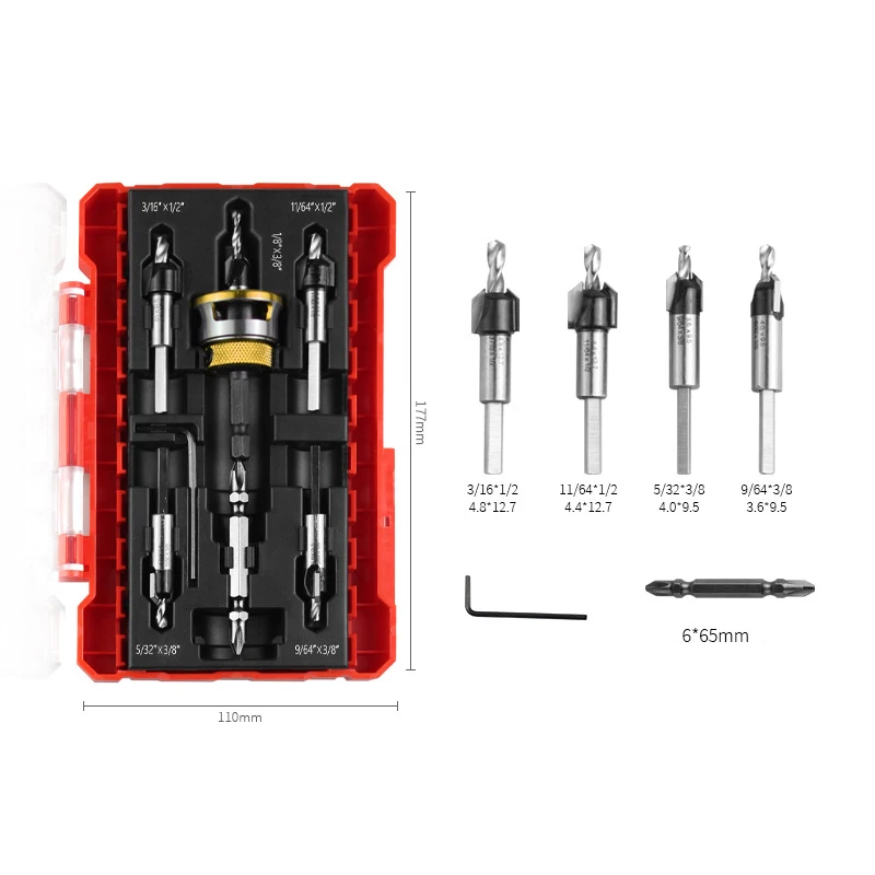5pcs Countersink Drill Bit Set with Depth Stop High-quality Steel and ...
