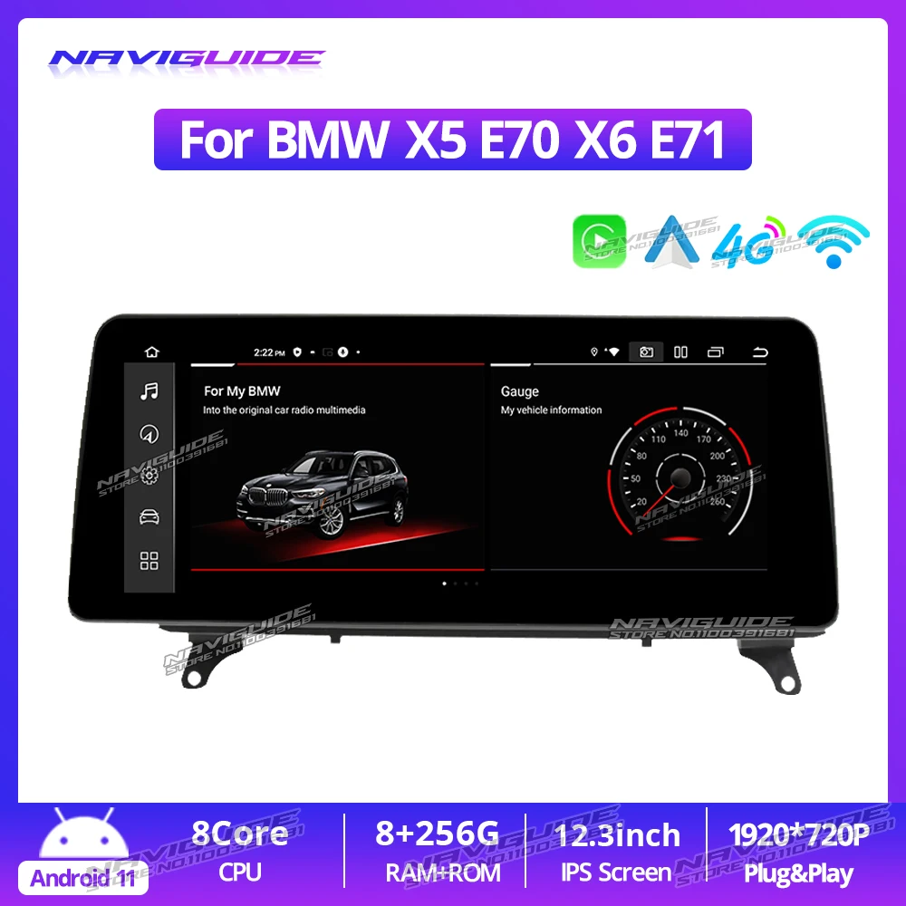 NAVIGUIDE 12.3'' Carplay Radio Multimedia Player For BMW X5 E70 X6 E71 ...