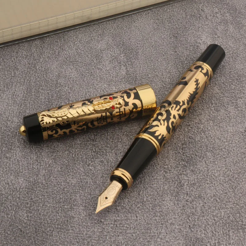High Quality Metal Fountain Pen Curved Black Golden Dragon Relief ...