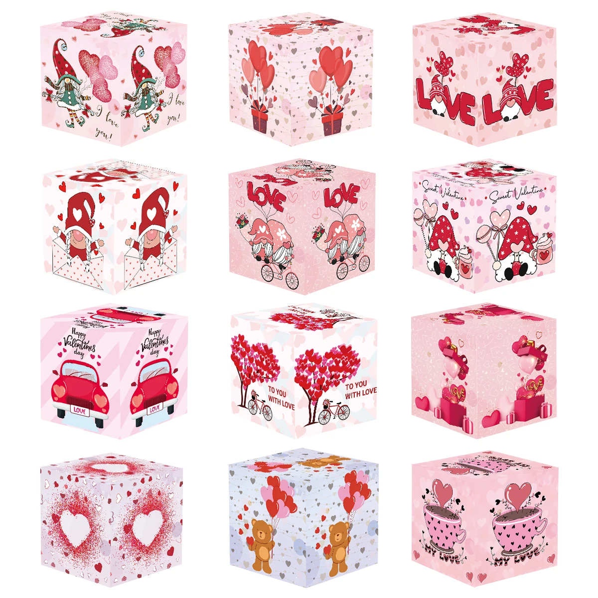 6/12Pcs Valentine's Day Candy Boxes Pink Heart Gnome Paper Cookie ...