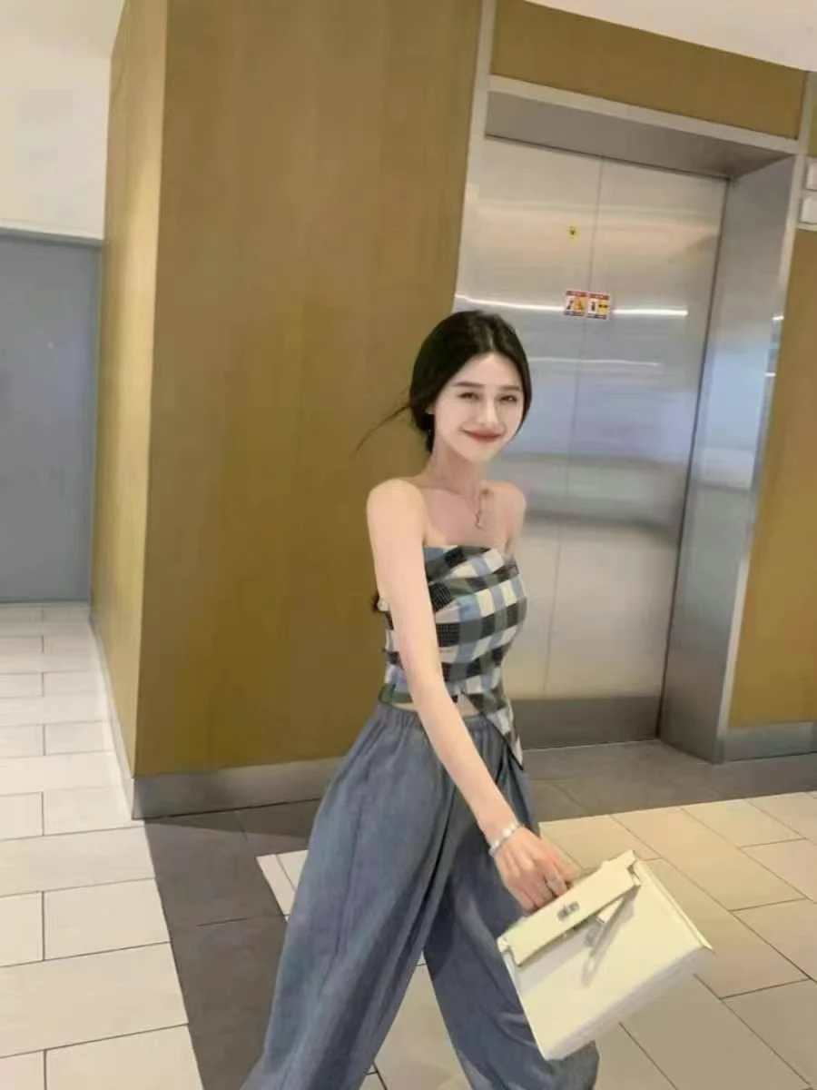 Irregular-one-line-shoulder-plaid-chest-vest-women-summer-chest-wrap ...