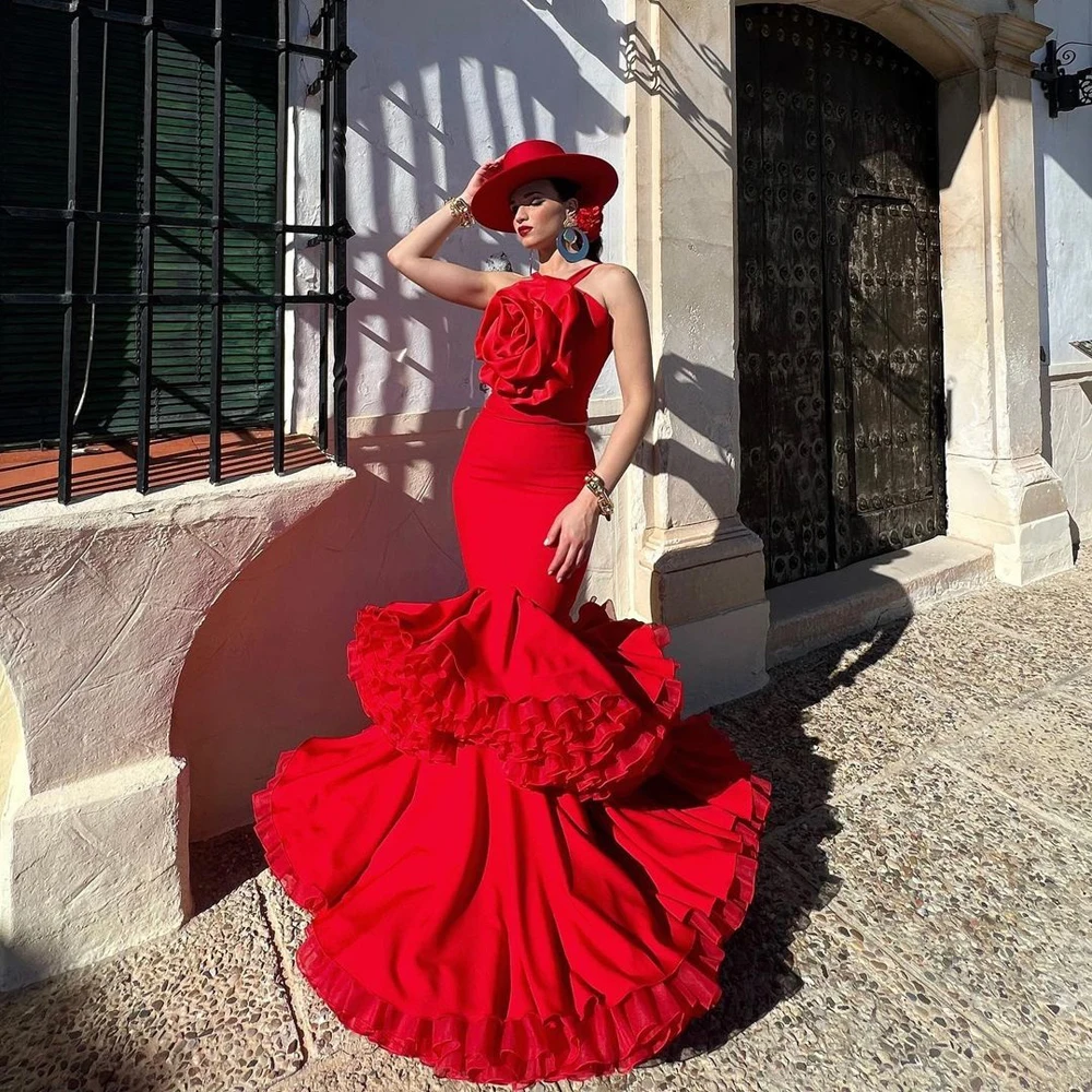 Spanish-Red-Mermaid-Evening-Dresses-with-Big-Ruffled-3D-Flower-Puffy ...