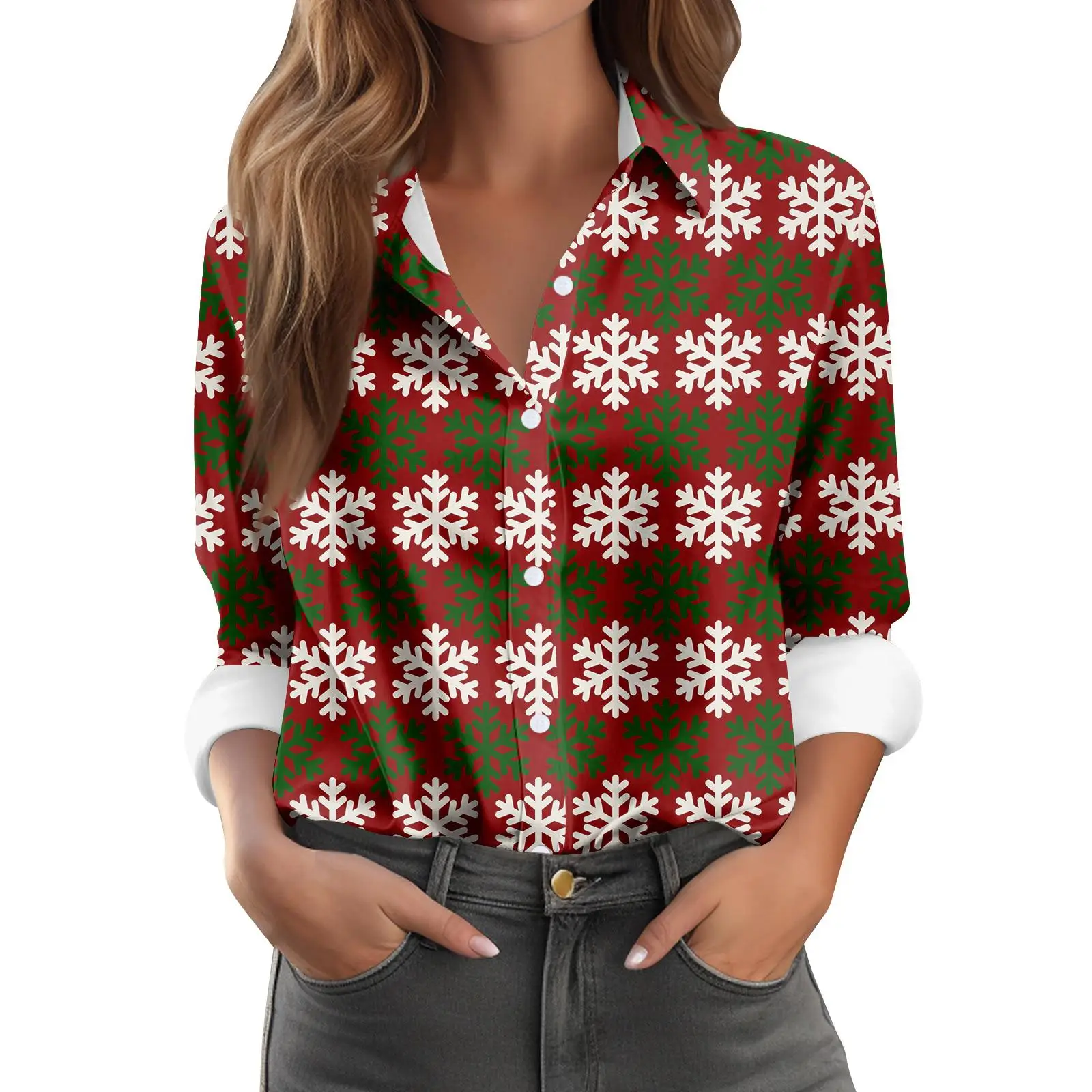 Green Red White Christmas Snowflakes Print Shirts Tops For Women's ...