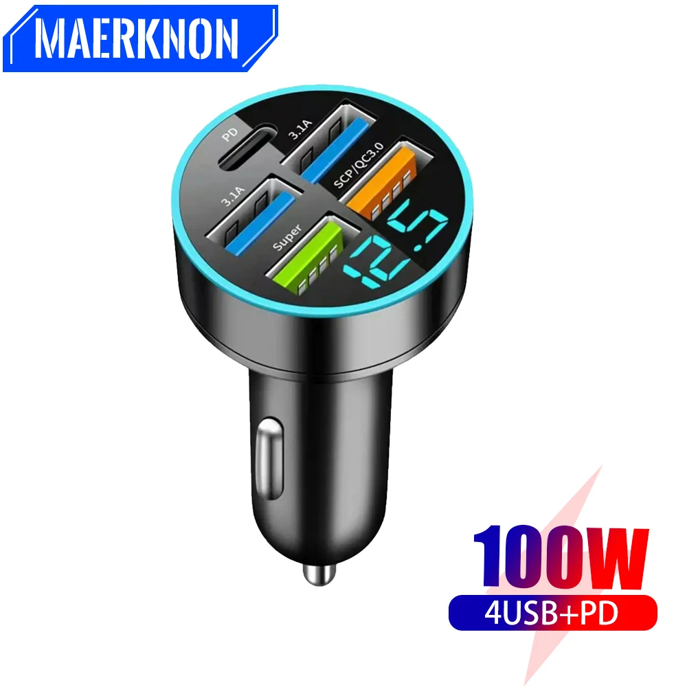 100W PD USB Car Charger 5 Ports Fast Charging Charger Digital Display ...