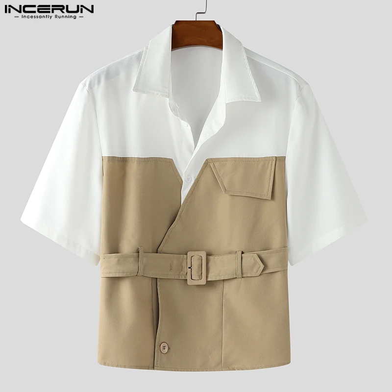 INCERUN Men Shirt Patchwork Lapel Short Sleeve Lace Up Casual Men ...