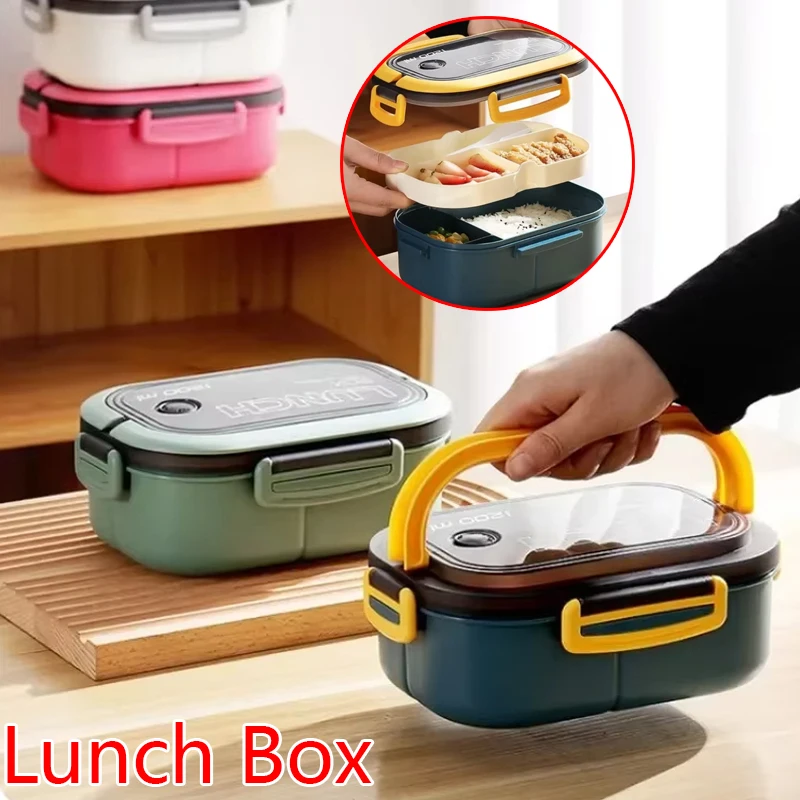 Lunch Box 2 Layers Grids Student Office Worker Microwave Hermetic Bento ...
