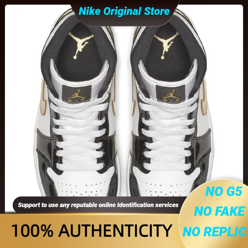 Nike-zapatillas-de-deporte-Jordan-1-Mid-charol-color-negro-blanco-y ...