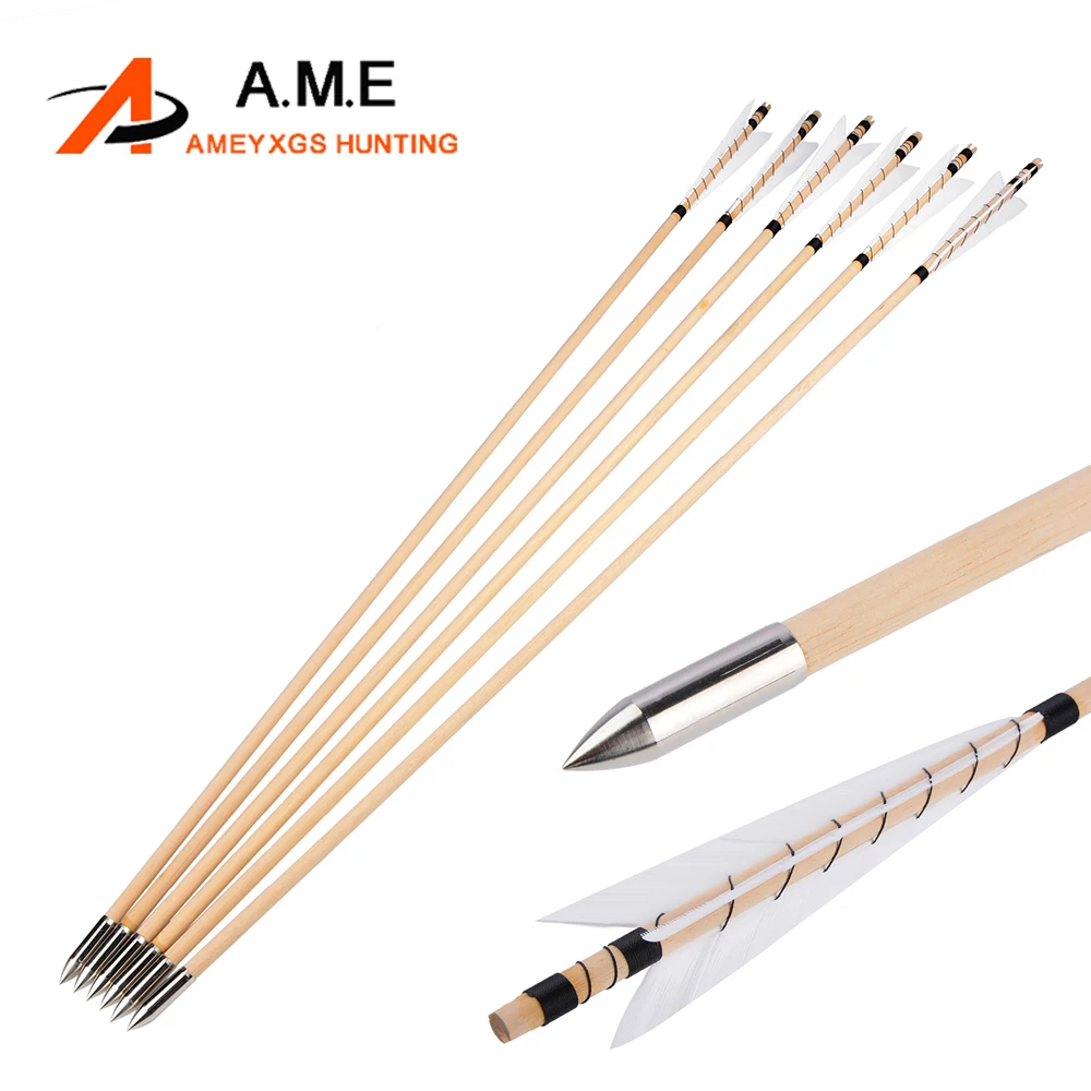 32inch-Wooden-Arrows-6-12-24pcs-Archery-Arrow-5-White-Turkey-Feather-OD ...