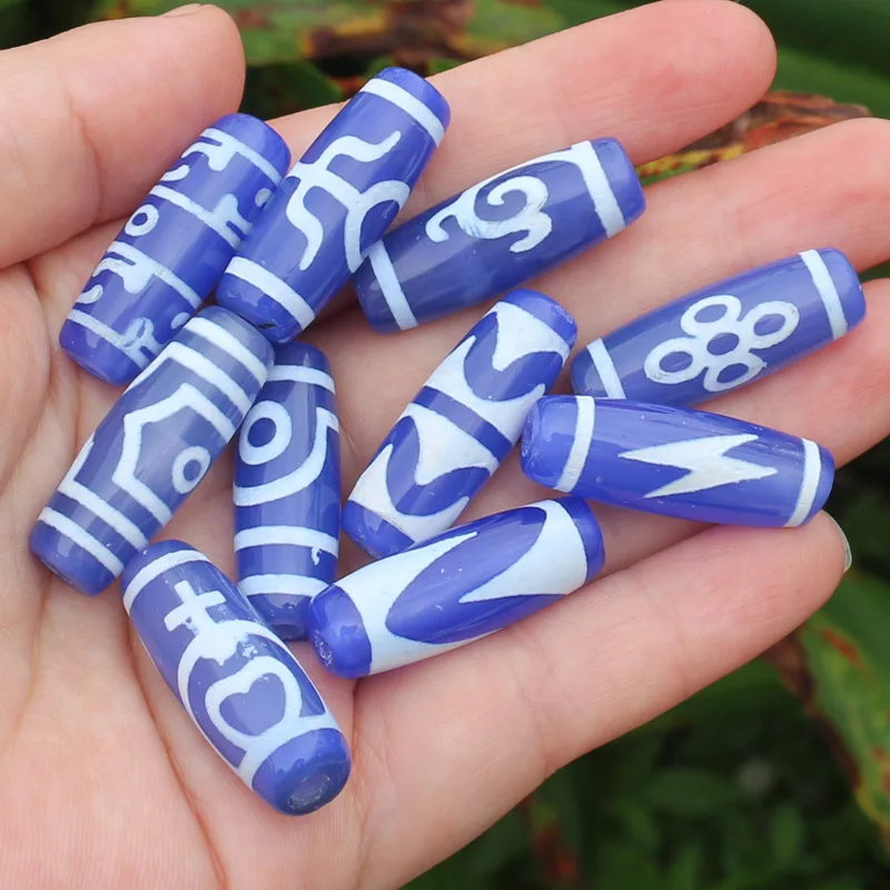 B-Grade-1piece-10-11mmx29-30mm-Blue-Ancient-Tibet-Dzi-Agate-Beads-Lucky ...