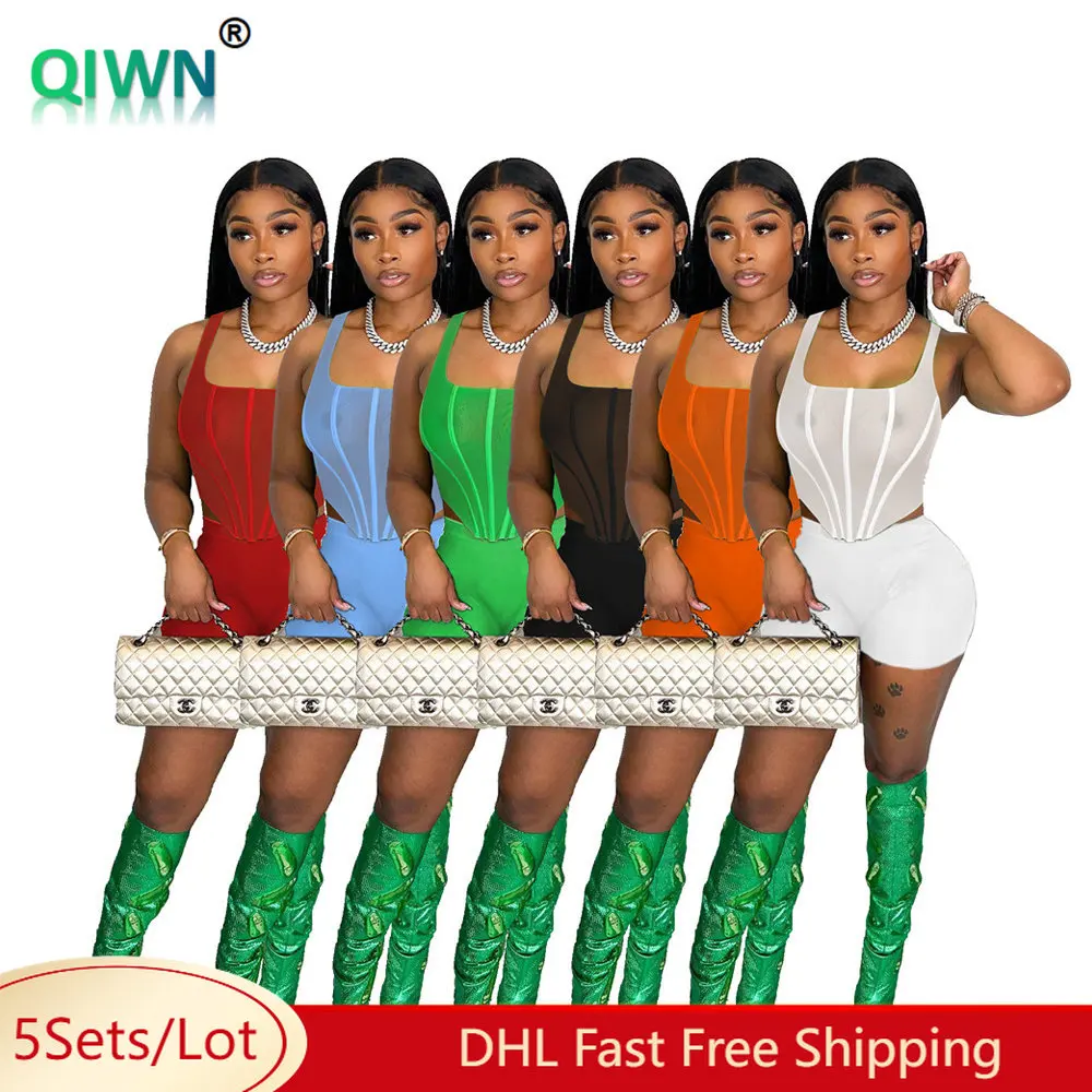 5Sets Bulk Wholesale Solid Two Piece Set Women Sexy Mesh See Through ...