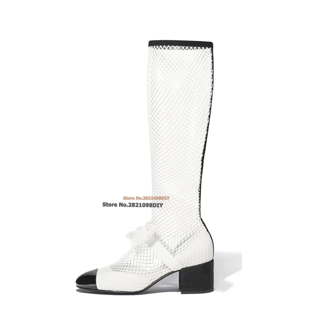 White Lace Mesh Hollow Out Bowtie Crystal Sock Boots Women Chunky Mid ...