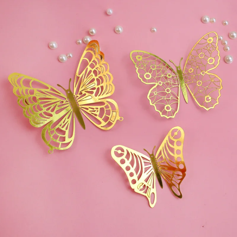12pcs Gold 3D Butterfly Wedding Cake Topper Gold Paperboard Happy ...