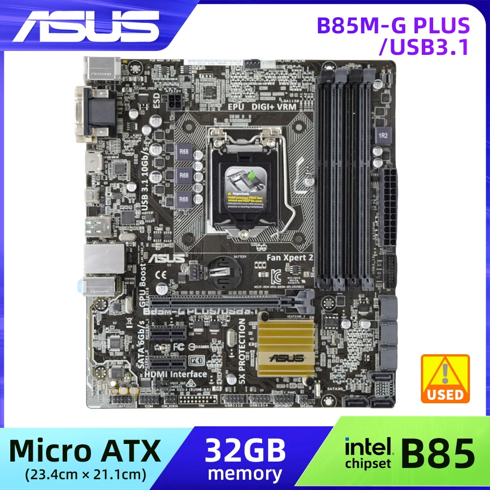 LGA 1150 ASUS B85M G PLUS 마더보드, DDR3 인텔 B85 지원, 인텔 22nm 프로세서, 32G VGA DVI HDMI PCI E 3.0, USB3.0 ...