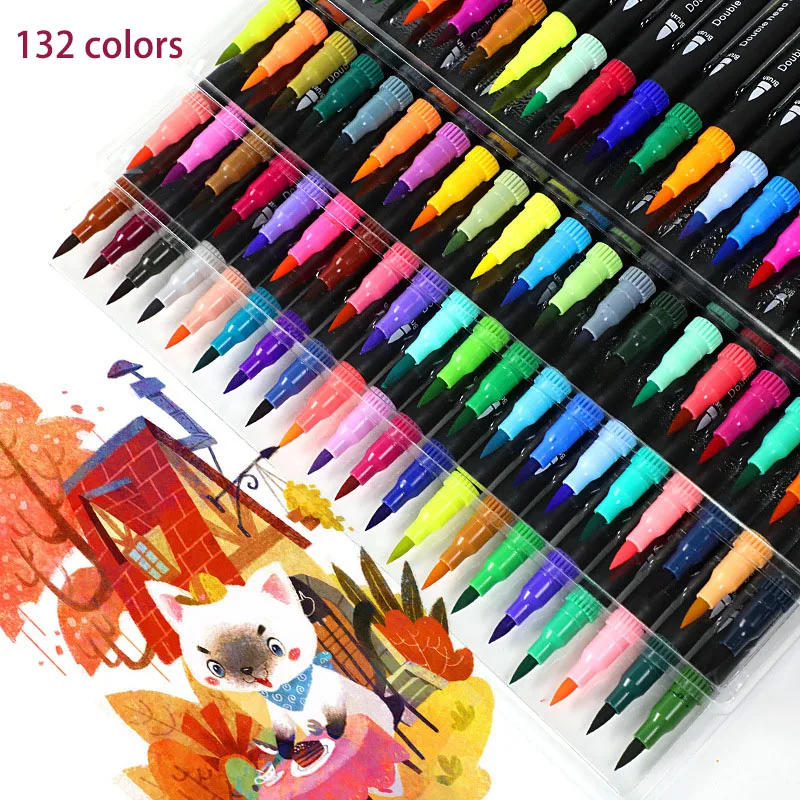 12-132 Colors/Set Dual Tip Brush Art Marker Pens Fineliner Pen for Kids ...