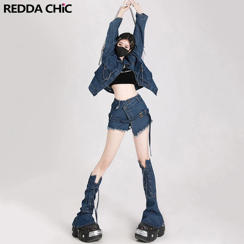 REDDACHiC-Cowboy-Women-3-Piece-Skirt-Set-Short-Jacket-Coat-A-line-Denim ...