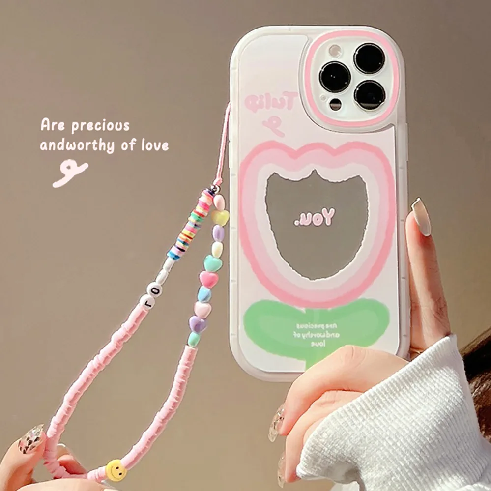 Funda de teléfono con espejo para Iphone, carcasa suave con diseño de tulipán y flores coreanas ...