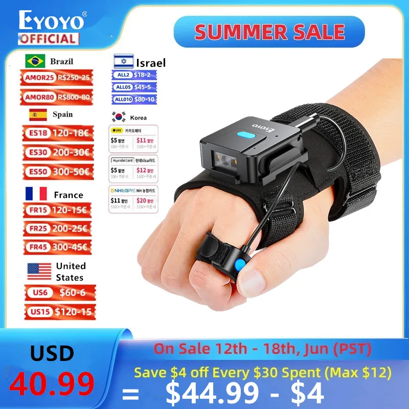 Eyoyo 2D Bluetooth ברקוד סורק ביש כפפה סורק שמאל וימין יד Wearable1D QR ...