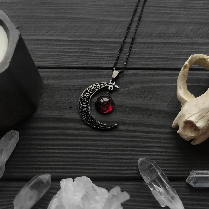 Goth-Crescent-Moon-Necklace-Dark-Style-Red-Moon-Pendant-Wiccan-Witch ...