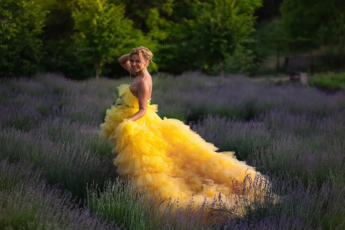 Yellow Mommy and Me Long Dress Puffy Ruffles Tulle Tiered Princess ...