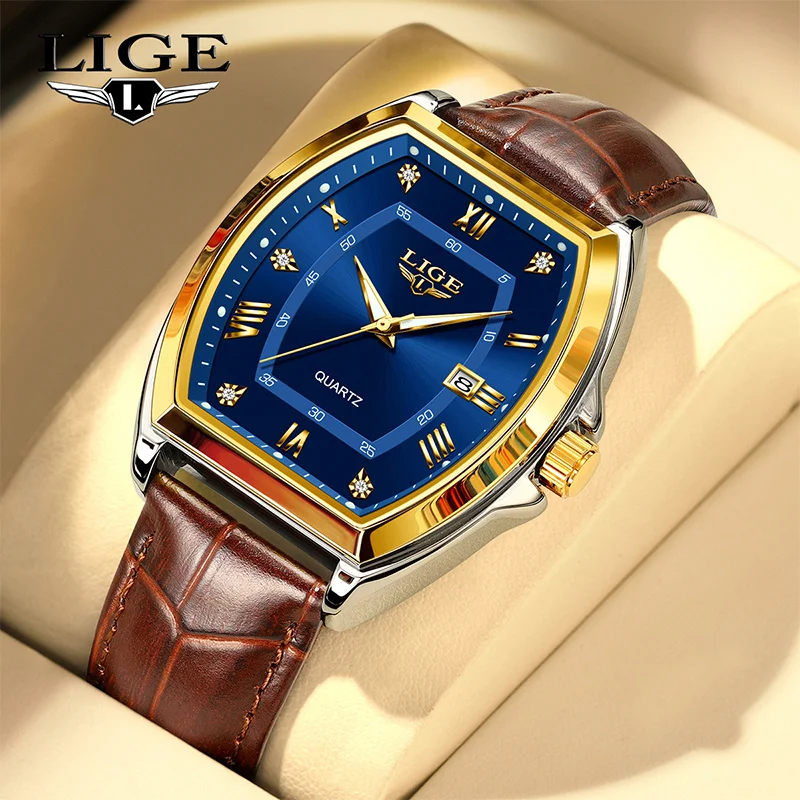 LIGE New Brown Leather Strap Men's Watches Luxury Sport Quartz Watches ...